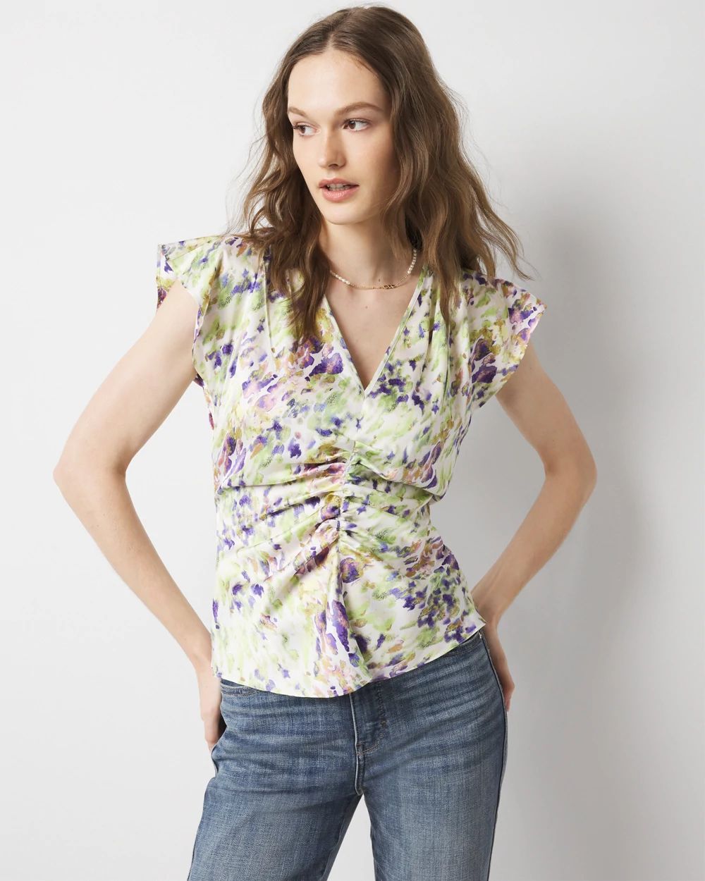 Ruched Front Flutter Sleeve Shell Top | White House Black Market